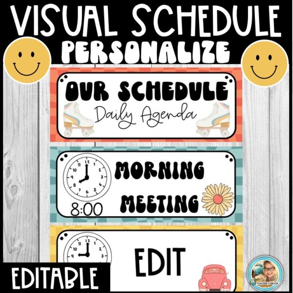 Classroom Daily Visual Schedule EDITABLE Cards | RETRO GROOVY Calm ...