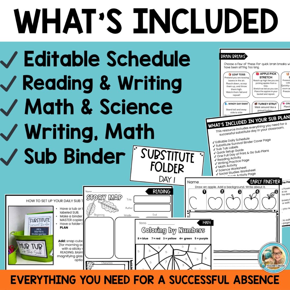 Fall Emergency Sub Plans Kindergarten FULL DAY Print & Go EDITABLE ...