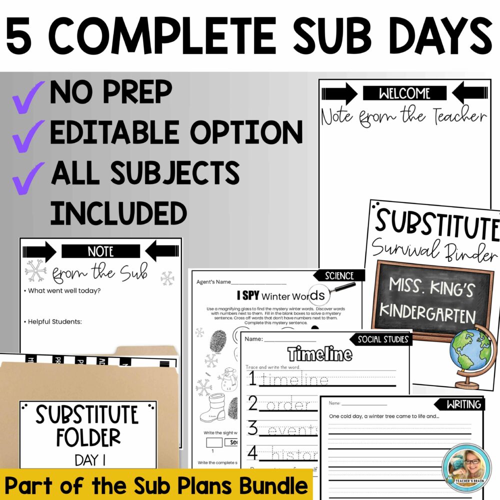 Kindergarten Sub Plans Bundle | 5 Full Day Emergency Plans EDITIABLE ...