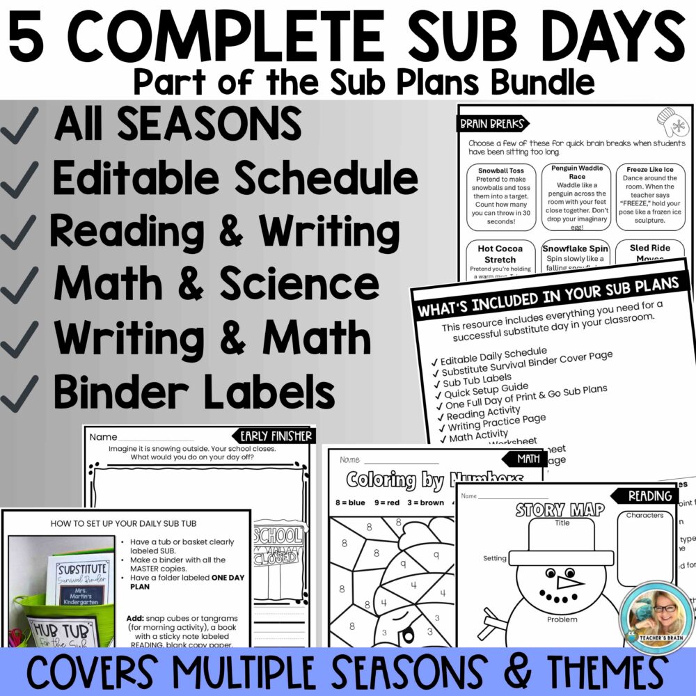 Kindergarten Sub Plans Bundle | 5 Full Day Emergency Plans EDITIABLE ...